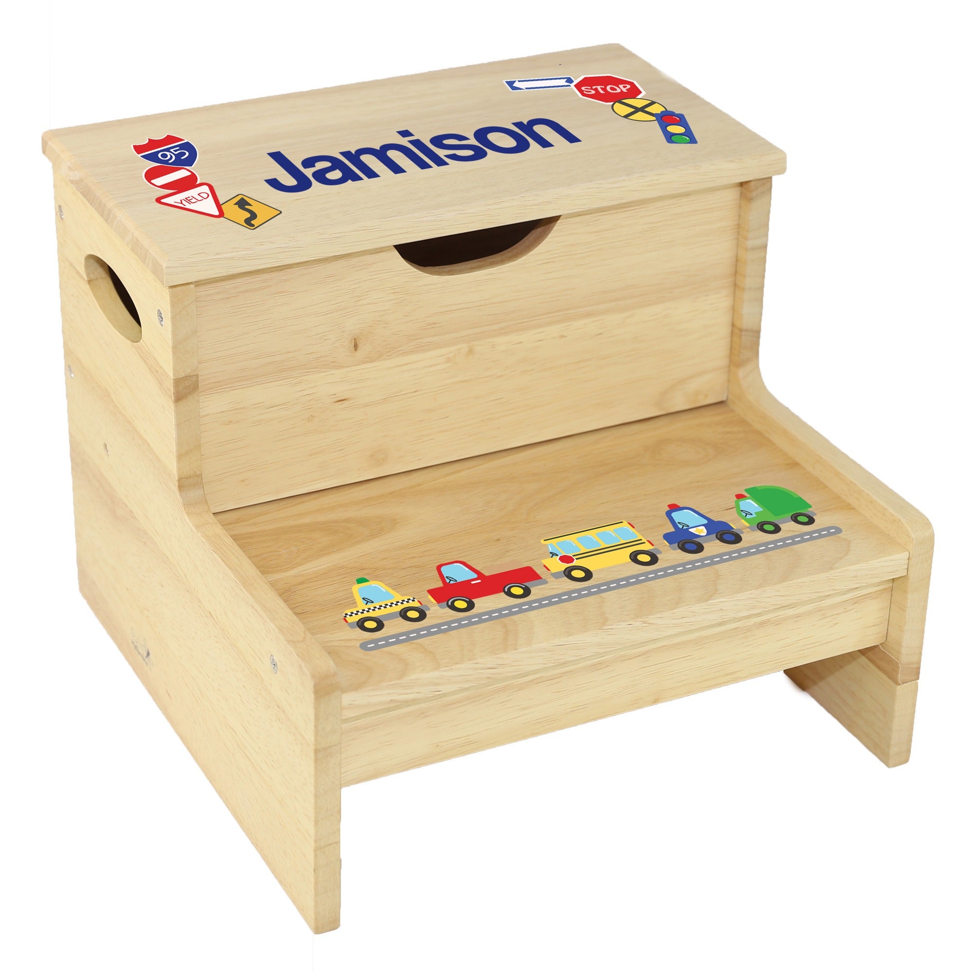 Personalized Wood Storage Step Stool - Cars & Trucks