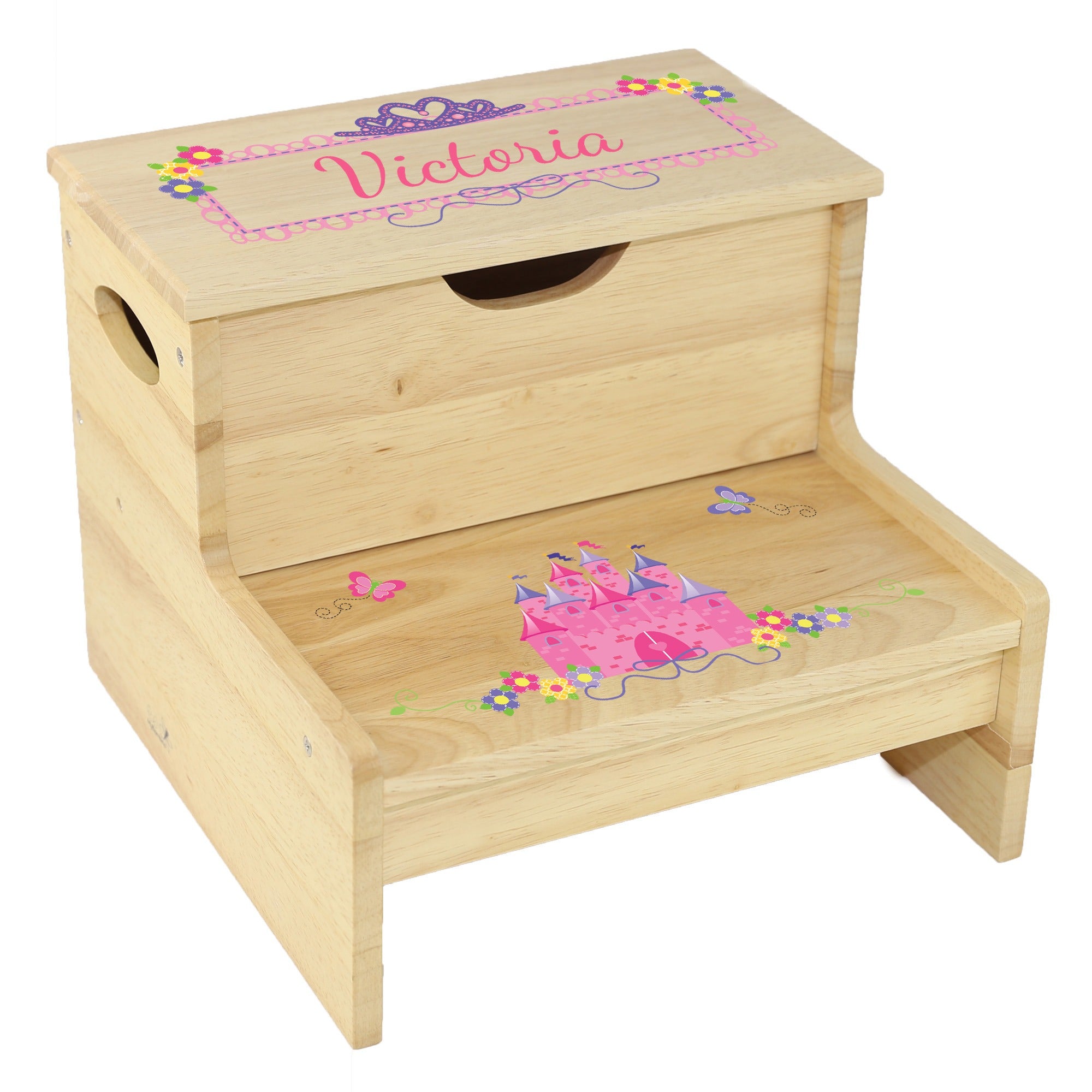 Personalized Wood Storage Step Stool - Pink Princess Castle