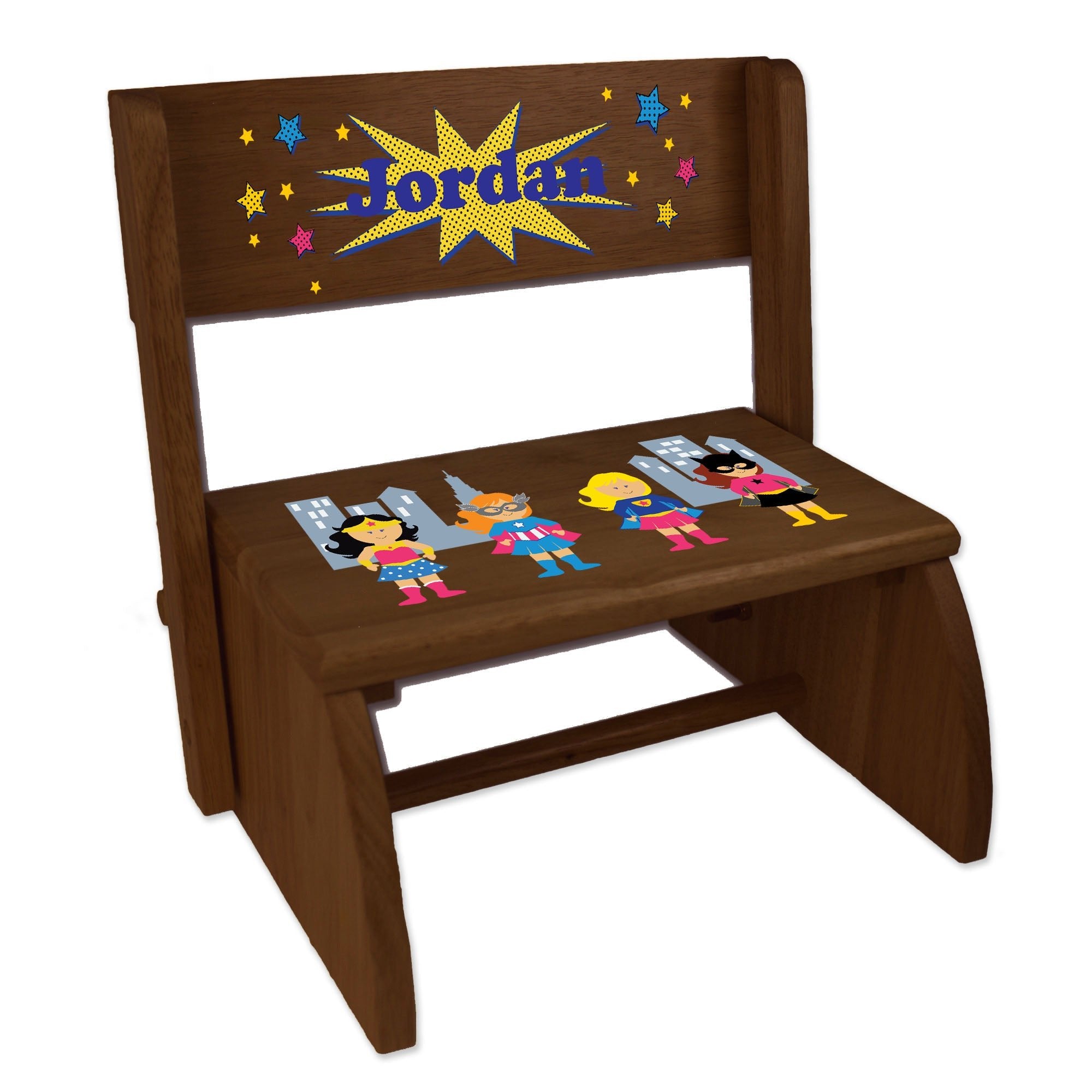 Personalized Girls Superhero Child's Espresso Flip Stool| Personalized ...